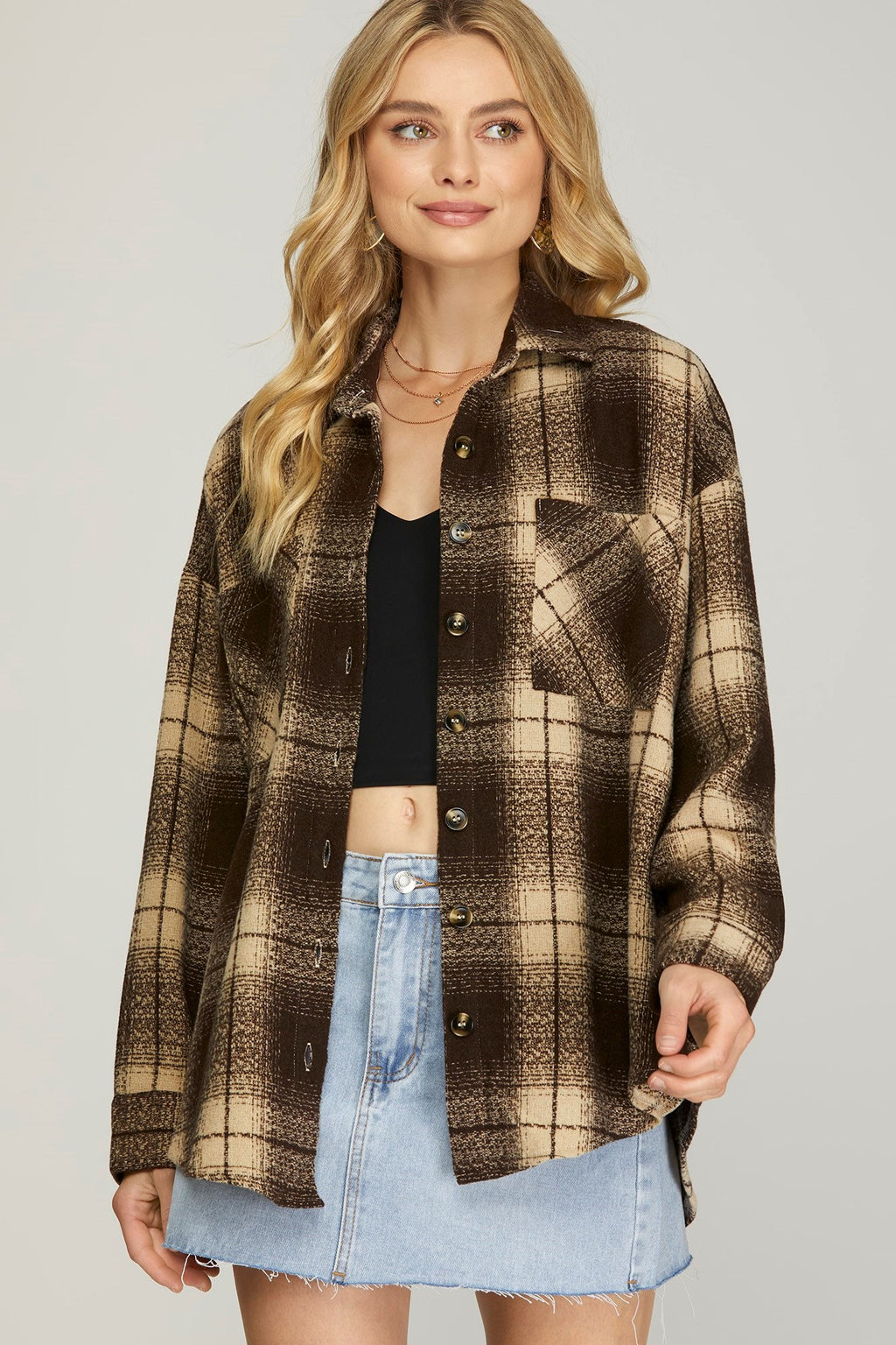 Cozy Club Neutral Plaid Flannel Button Up Shacket – Shop Heart and Home